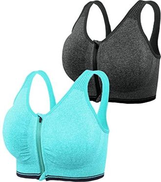 DODOING Soutien-gorge de sport &agrave; fermeture &eacute;clair sur le devant - Soutien-gorge de yoga - Soutien-gorge de sport rembourr&eacute; dos nageur pour femme, Gris + vert.
