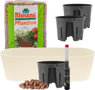Leni Flori Jardiniere Blumentopf länglich 36 cm Panna/hell beige Hydrokultur-Komplett-Set mit Übertopf Hydro-Töpfen Wasserstandsanzeiger & Pflanzton