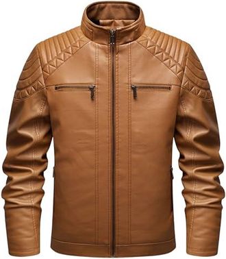 Generic Manteau dhiver long pour homme, blouson de motard vintage en similicuir, col montant, jaune, taille XXL