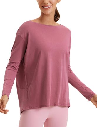 CRZ YOGA Damen Pima Baumwolle Sport Langarmshirt Fitness Yoga Langarm Leichte Shirt Longsleeve Lässig Oberteile Misty Merlot 42