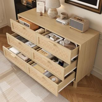 STILVORA Buffet et Enfilade avec 6 Tiroirs, Fa&ccedil;ades Effet Rotin, Style Naturel, en Panneaux de Particules, 120&times;40&times;75 cm, Naturel