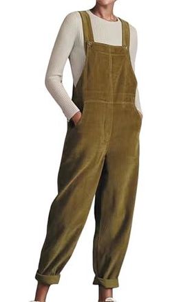 Generic Salopette &agrave; bretelles en velours c&ocirc;tel&eacute; pour femme, combinaison r&eacute;tro ann&eacute;es 90 avec poches, kaki, XXL