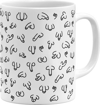 OM3 witzige Doodle Kaffeetasse mit Penisse - Pimmel Tasse Penis-Muster - Keramik Becher - 11oz 325ml - Rundumdruck - Weiss