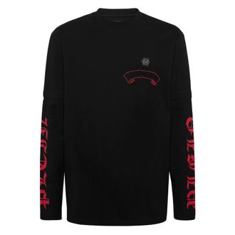 Philipp Plein Homme, Tops, Noir, Taille: 4XL T-Shirt Double Manches Broderie Banni&egrave;re