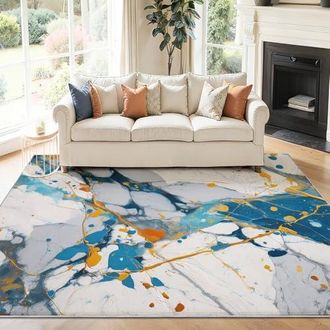 Generic Tapis 120 x 170 cm Lavable Poil Ras Anti Slip Chambre - Moderne Abstrait &Eacute;claboussure dencre Marbre Th&egrave;me Tapis de Salon, Bleu Moquette Decoration Mai
