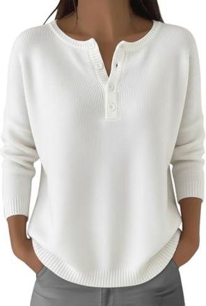 TOMWELL Pull Femme Chaud Couleur Unie Pulls en Tricot Manche Longue Haut Col Rond Bouton Pullover A Blanc XL