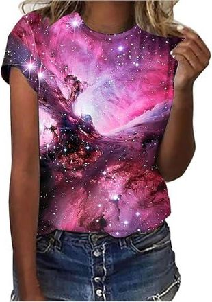 Generic Haut &Agrave; Paillettes Femme Soir&eacute;e, Top Paillettes Femme Soir&eacute;e, T-Shirt &Agrave; Manches Courtes Et Col Rond Imprim&eacute; Galaxie pour Femme