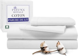 Pizuna Coton Parure de Lit 270x310cm Blanc, 1000 Fils au Pouce, 100% Coton &agrave; Fibres Longues en Armure Satin Comprend 1 Drap Housse, 1 Drap Plat, 2 Taie dorei