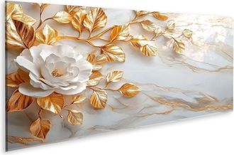 Islandburner Bild auf Leinwand Goldene Blätter und weiße Blume auf Marmor 1 für Wohnzimmer Kunstliebhaber Bilder Wandbilder Poster