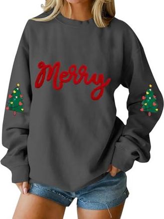 Generic Sweat-shirt imprimé sapin de Noël pour femme, pull de Noël fantaisie mignon joyeux Noël 2025 vacances festif confortable pull haut col rond surdimensi