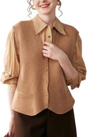 Dissa Cardigan sans Manches Cachemire Femme Col V Uni Gilet Tricot&eacute; en Vrac &eacute;pais Cardigan en Cachemire et Laine,Camel,EU 40,MH587