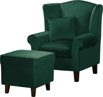 Maison Belfort home24 Ohrensessel Gr&uuml;n Samt Ravi mit Hocker 80 x 95 x 78cm