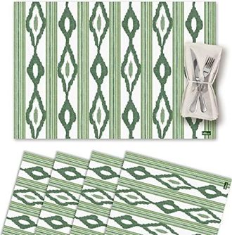 Vilber Mahon Platzsets aus Vinyl, waschbar, wasserdicht, schmutzabweisend, rutschfest, antihaftbeschichtet, hitzebeständig, Ikat-Mallorca-Stil, Bordüre, Grün
