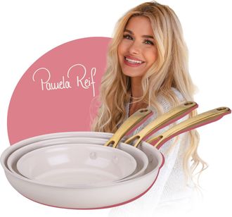 Fackelmann x Pamela Reif Bratpfannen-Set 3-tlg &Oslash; 20-24-28 cm - aus recyceltem Aluminium, Pastell-Beige, PFAS-freie keramische Beschichtung, hitzebest&auml;ndig bis 16