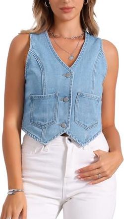 Allegra K Gilet en Jean Y2K Femme à Col en V Veste Sans Manches en Denim Boutonné Haut Court DÉté Blouson Vintage Bleu Clair M