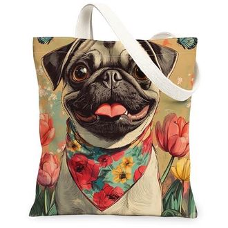 Generic Sac fourre-tout en toile motif carlin printanier pour le shopping, 33 x 38,1 cm, motif floral vintage, sac d&eacute;picerie r&eacute;utilisable pour femme, peinture