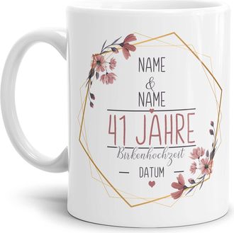 Tassendruck Tasse zum Hochzeitstag Birken Hochzeit - mit Name & Datum selbst gestalten - 41 Jahre Ehe, Paar, Geschenk Hochzeit, Jubiläum, Jahrestag I Personalisie