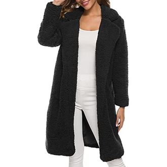 Generic Manteau en laine dagneau &agrave; manches longues pour femme - Couleur unie - Longueur moyenne, Noir, XXL