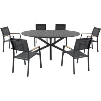 Vente-Unique Salle &agrave; manger de jardin en aluminium : une table ronde extensible L.150/200 cm et 6 fauteuils empilables - Anthracite - YOHA de MYLIA