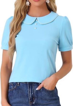 Allegra K Haut Chemisier à Manches Courtes Bouffantes à col Claudine pour Femmes Bleu S