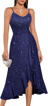 Dresstells Cocktailkleid Damen Glitzer Festlich Hochtief Kleid f&uuml;r Hochzeitsg&auml;ste Blaues Abendkleider Kurz Knielang Pailettenkleider Elegantes Navy M