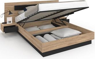 IDMarket Lit Coffre Double Santa avec tête de lit + Tables de chevets intégrées et sommier 140 x 190 cm Bois et Noir