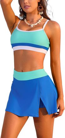 SHEKINI Damen Bikini Set Badeanz&uuml;ge mit Rock High Waist Bauchweg Baderock mit Sicherheitsshorts Zweiteiliger Bademode Badeanzugkleid Push up Bikini Oberteil S