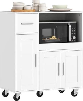 HOMCOM Desserte Cuisine à roulettes, Meuble Micro Onde, Plateau Coulissant, tiroir, placards 3 Portes, étagère réglable, Compartiment Ouvert, îlot Central Cu