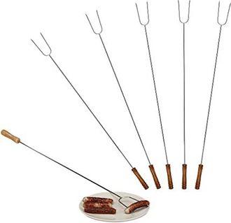 Relaxdays Grillspieße, 6er Set, Holzgriff, Sicherer Abstand, Lagerfeuer, Universal, 80 cm lang, Edelstahl, Silber/Natur