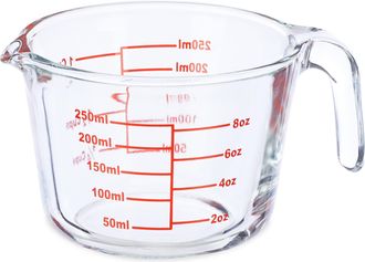 Relaxdays Messbecher Glas, 250 ml, hitzebeständig, mikrowellengeeignet, Skala in Milliliter, oz, Cups, transparent