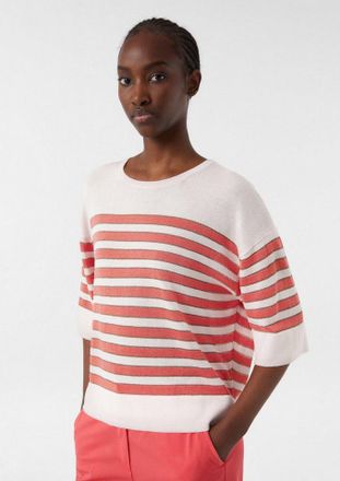 Comma Kurzarmpullover Strickpullover Gestreifter Feinstrickpullover mit Glitzergarn