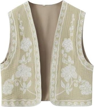 Generic Gilet sans Manche Femme Gilet Femme D&eacute;contract&eacute; Quotidien Ville Courte Brod&eacute;e Style Fran&ccedil;ais - Cardigan Versatile pour Occasions D&eacute;contract&eacute;es