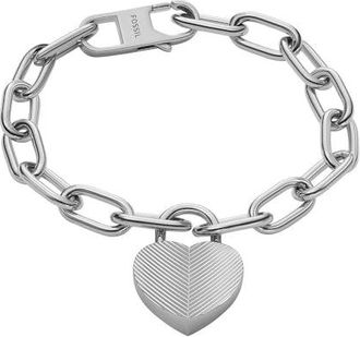 Fossil Bracelet à pampille coeur Harlow Linear Texture FOSSIL en acier inoxydable, pour femme, JF04659040, Argent brillant