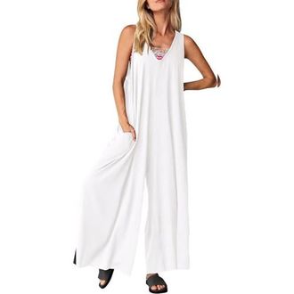 Generic Salopette &agrave; bretelles sans manches pour femme Coupe ample - Salopette d&eacute;contract&eacute;e l&eacute;g&egrave;re pour femme - Combinaison ample &agrave; col en V - Combinaison sans