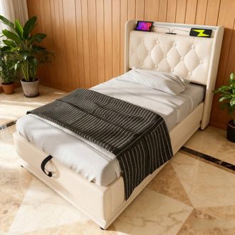 Generic Polsterbett 90x200 cm mit 360&deg; Surround-LED & App-Steuerung - Wei&szlig;es PU-Material, hydraulisches Stauraum & USB-C - Einzelbett ohne Matratze