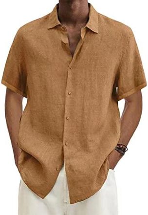 ORANDESIGNE Chemises à Manches Courtes Boutonnées pour Hommes Chemise Décontractée en Lin dété Décontractée Chemise Homme à Couleur Unie Ete Blouse Tee Shirt Tops