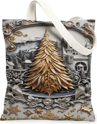 Generic Sac fourre-tout en toile motif sapin de No&euml;l, &eacute;l&eacute;gant motif for&ecirc;t, sacs d&eacute;picerie r&eacute;utilisables, vintage, l&eacute;gers, lavables avec bandouli&egrave;re C, Argent&eacute;