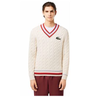 Lacoste Pullover Top f&uuml;r Herren/Damen Unisex, Gerippter &Auml;rmelaufschlag, Mit Zopfmuster, Regul&auml;r (Cremefarbe/Rot)