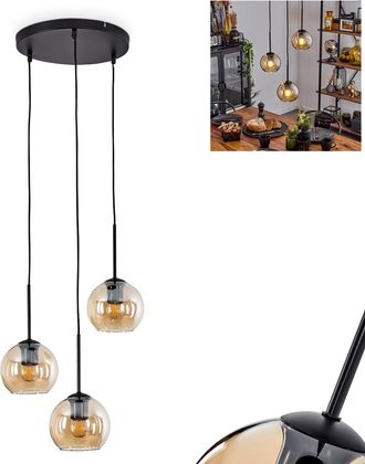 HOFSTEIN H&auml;ngeleuchte Koyoto, runde H&auml;ngelampe aus Metall/Glas in Schwarz/Bernsteinfarben, Leuchte 3-flammig im Vintage/Retro Design mit Schirmen aus Glas (&Oslash; 1