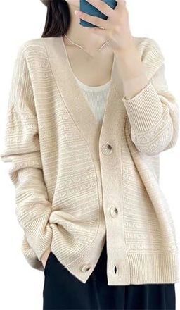 Generic Cardigan ouvert &agrave; manches longues pour femme 100 % laine &agrave; rayures et col en V, Beige velours brut, XS