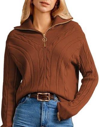 Grace Karin Pull d&eacute;contract&eacute; Ample &agrave; Manches Longues avec Fermeture &eacute;clair sur Un Quart de Couleur Unie Marron M