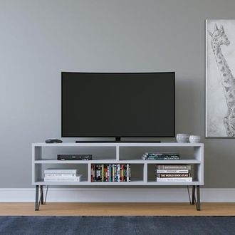 Hanah Home Stylish White TV Stand, 120 cm x 25 cm x 46.6 cm | 100% Melamine Coated Particle Board, 18 mm Thick | Wall-Mountable with Multiple Shelves, Modern Des