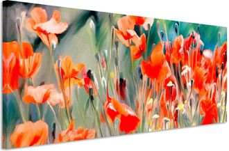 Paul Sinus Art Panorama Fotoleinwand 120x40cm Gem&auml;lde von roten MohnBlumen im Feld auf Leinwand exklusives Wandbild moderne Fotografie f&uuml;r ihre Wand in vielen Gr&ouml;&szlig;en