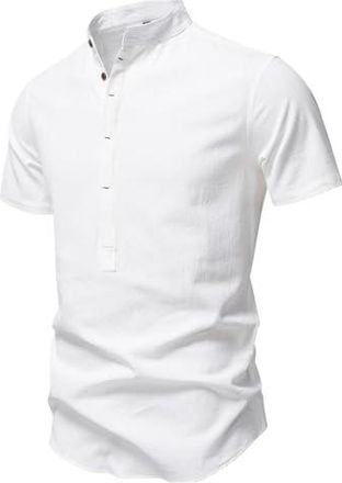 Generic Chemise d&eacute;t&eacute; en coton et lin &agrave; manches courtes pour homme - Col montant - Col montant - Tendance - Col en V - L&eacute;ger et respirant, noir fonc&eacute;, XXL