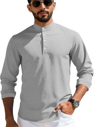 Generic Chemise gaufr&eacute;e &agrave; manches longues Henley pour homme, t-shirt d&eacute;contract&eacute; et l&eacute;ger &agrave; col rond, gris, 3XL