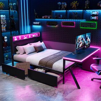 Elbe Lit gaming 140x200 cm - M&eacute;tal, t&ecirc;te de lit LED, bureau LED et 2 tiroirs - Noir