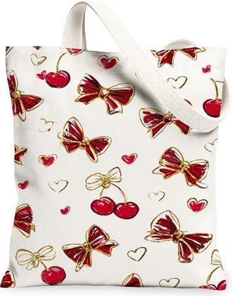 Generic Sacs fourre-tout en toile motif cerises avec noeud mignon, sacs d&eacute;picerie r&eacute;utilisables, &eacute;l&eacute;gants et l&eacute;gers, lavables, blanc, 13x15 Inch