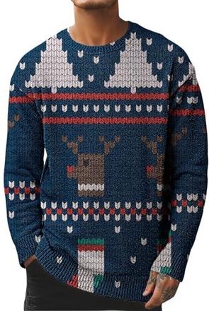 Generic Pull de Noël amusant pour homme - Grande taille - Pull dhiver doux et chaud à manches longues - Costume de vacances, bleu marine, 3XL