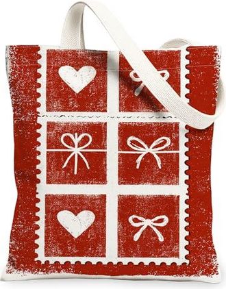 Generic Sac fourre-tout en toile motif coeurs de vacances, sac d&eacute;picerie r&eacute;utilisable, rustique, l&eacute;ger, lavable, Rouge, 13x15 Inch