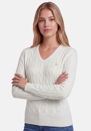U.S.Polo Association Rundhalspullover mit Zopfmuster und V-Ausschnitt Klassischer Strickpullover mit Rippb&uuml;ndchen und dezenter Logostickerei